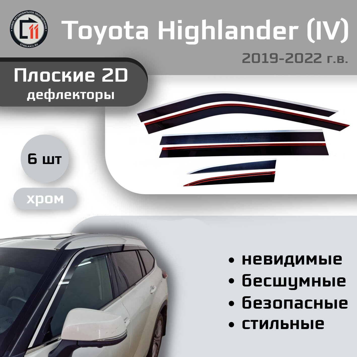 Дефлекторы 2D для TOYOTA HIGHLANDER 2019-2022 (IV), 6шт, с хромом