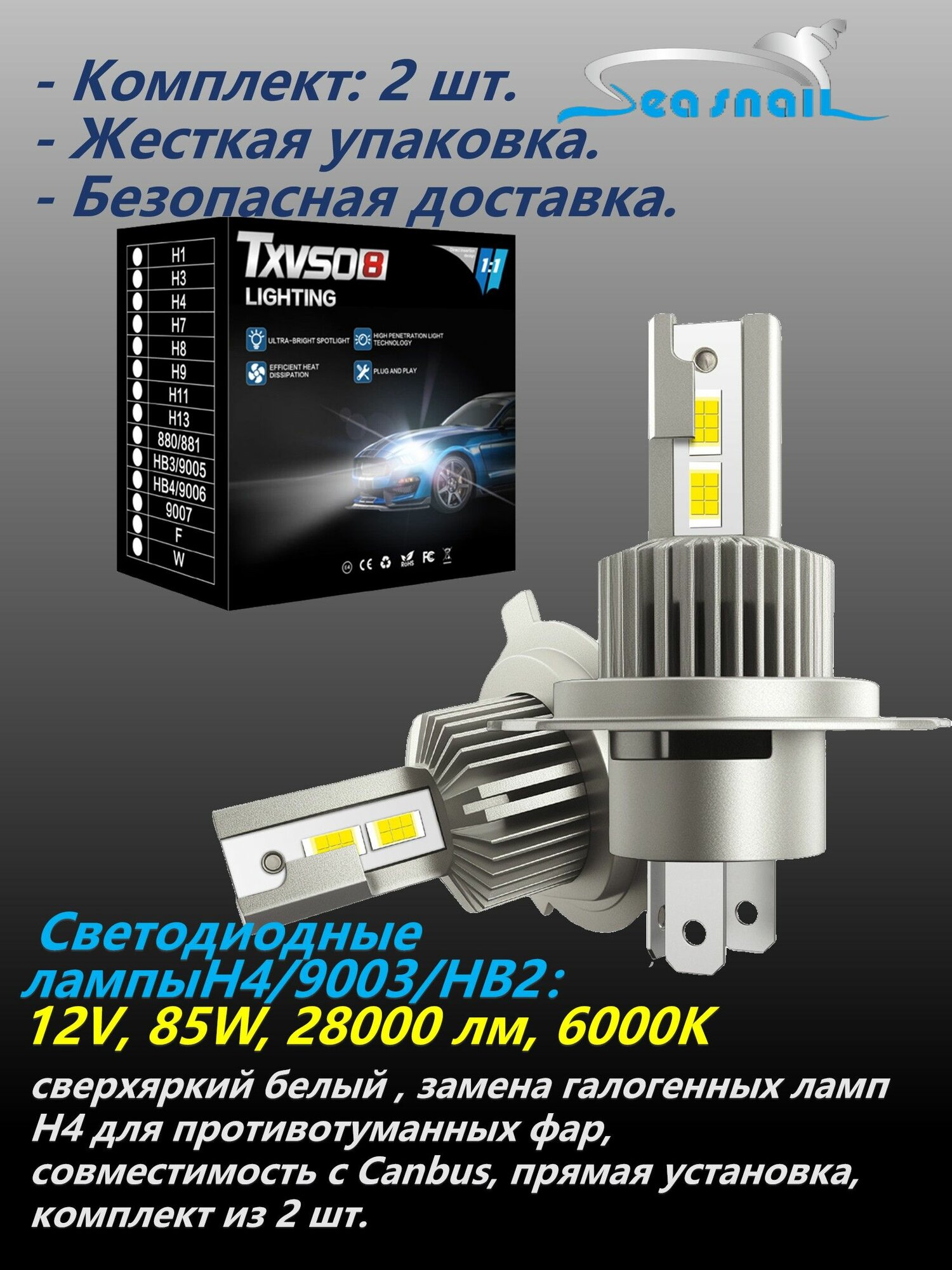 TXVSO8 Фары автомобильные, 2 шт, арт. H4/9003/HB2 6000K 85W 15000LM CANBUS