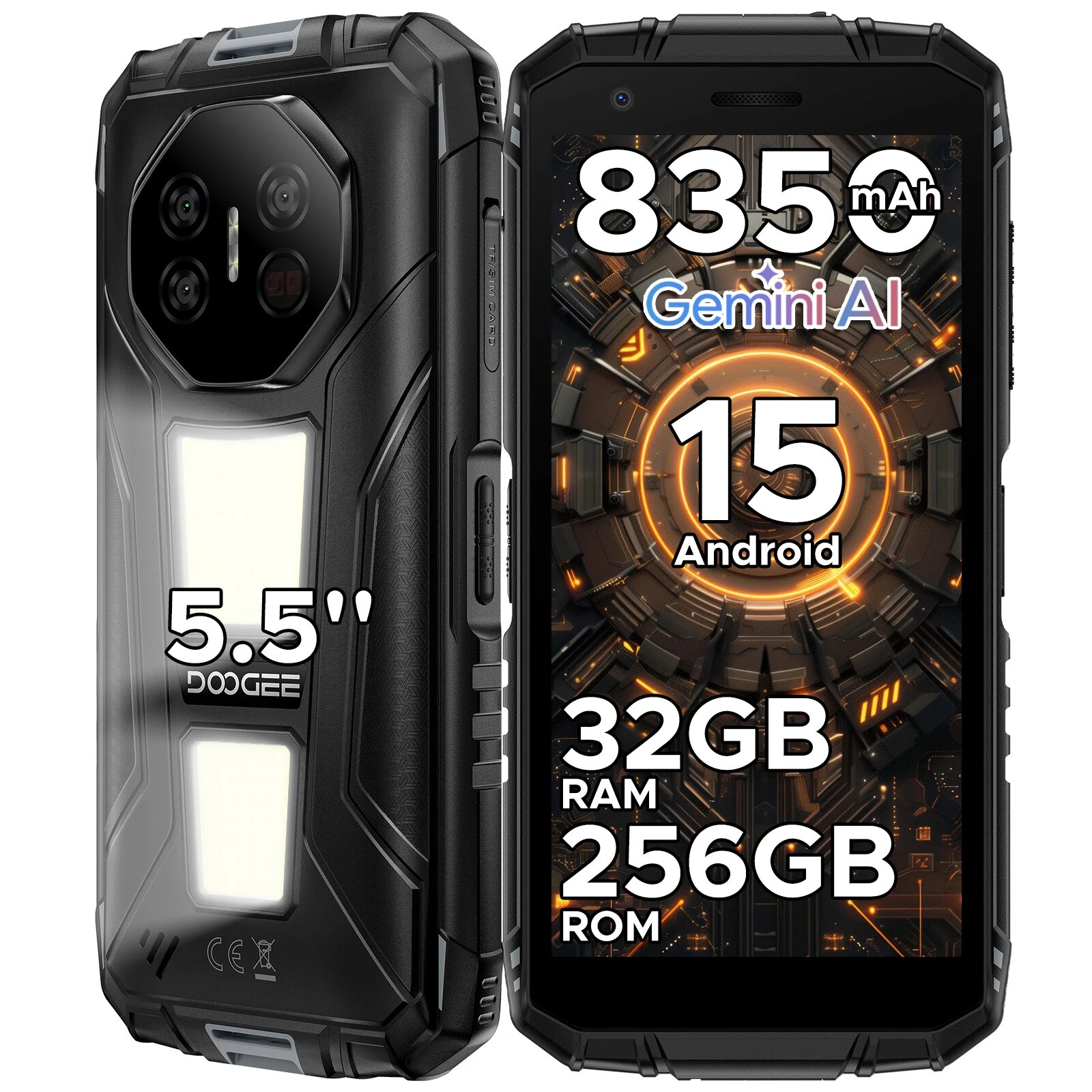 DOOGEE Fire3 Max — защищенный телефон с 5,5-дюймовым HD-экраном, 32 ГБ (8 24) 256 ГБ памяти, Android 15, аккумулятором 8350 мАч, серый/оранжевый/зеленый.