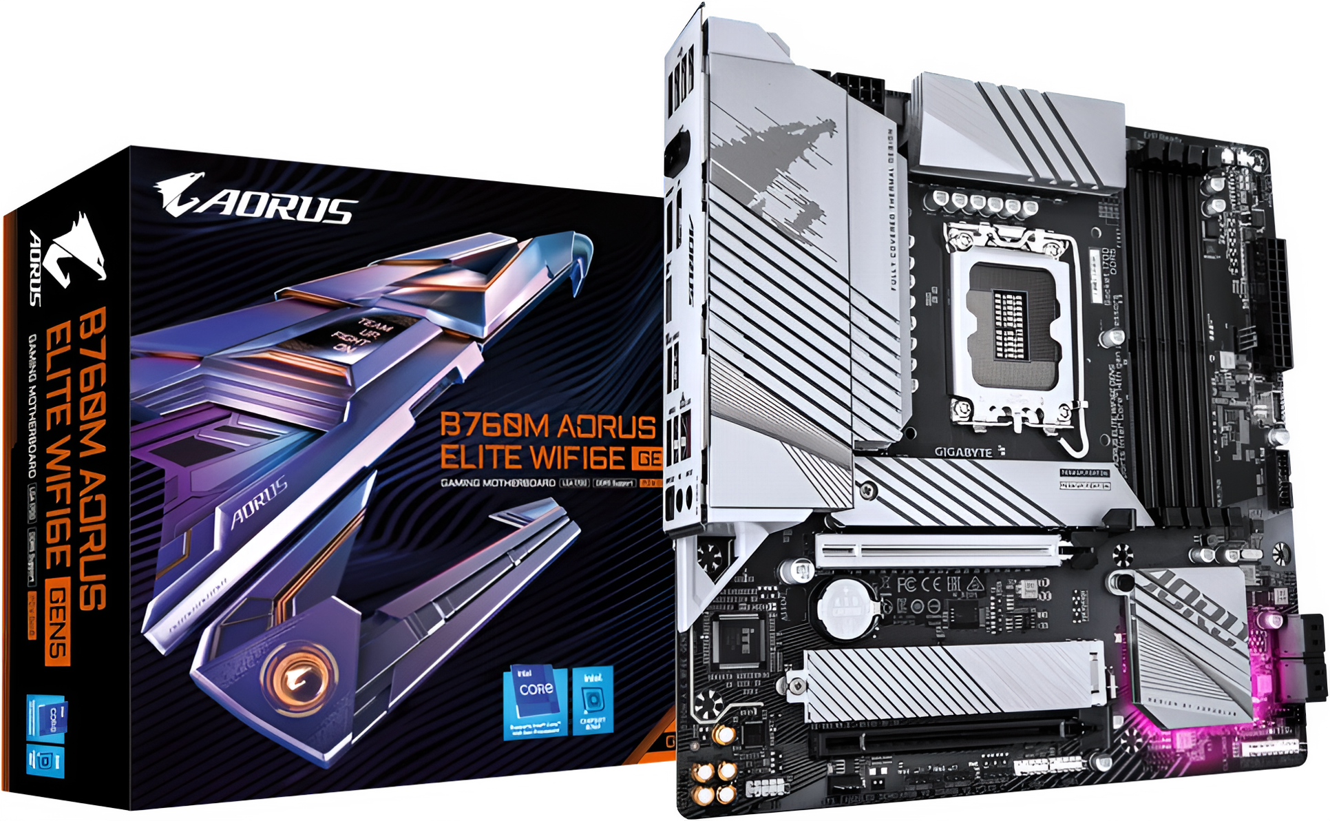 Материнская плата GIGABYTE B760M AORUS ELITE WIFI6E GEN5 (rev 1.1) (LGA1700/B760/4xDDR5/PCI-Ex16/M.2/Wi-Fi/DP/HDMI/mATX)