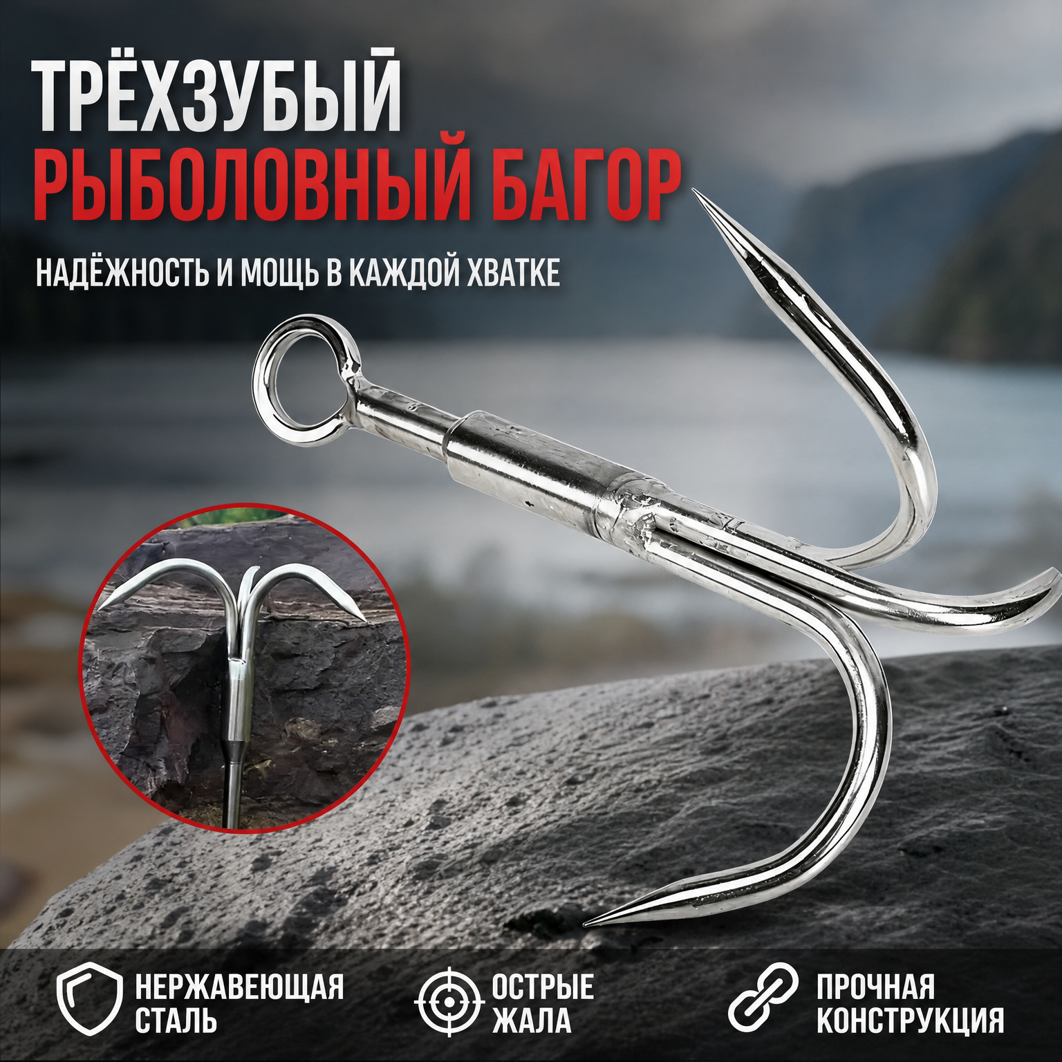 Трехзубый якорь из нержавеющей стали, для очистки дна от мусора и поиска снастей, прочный крюк для рыбалки и подводной охоты (Длина: 150 мм)