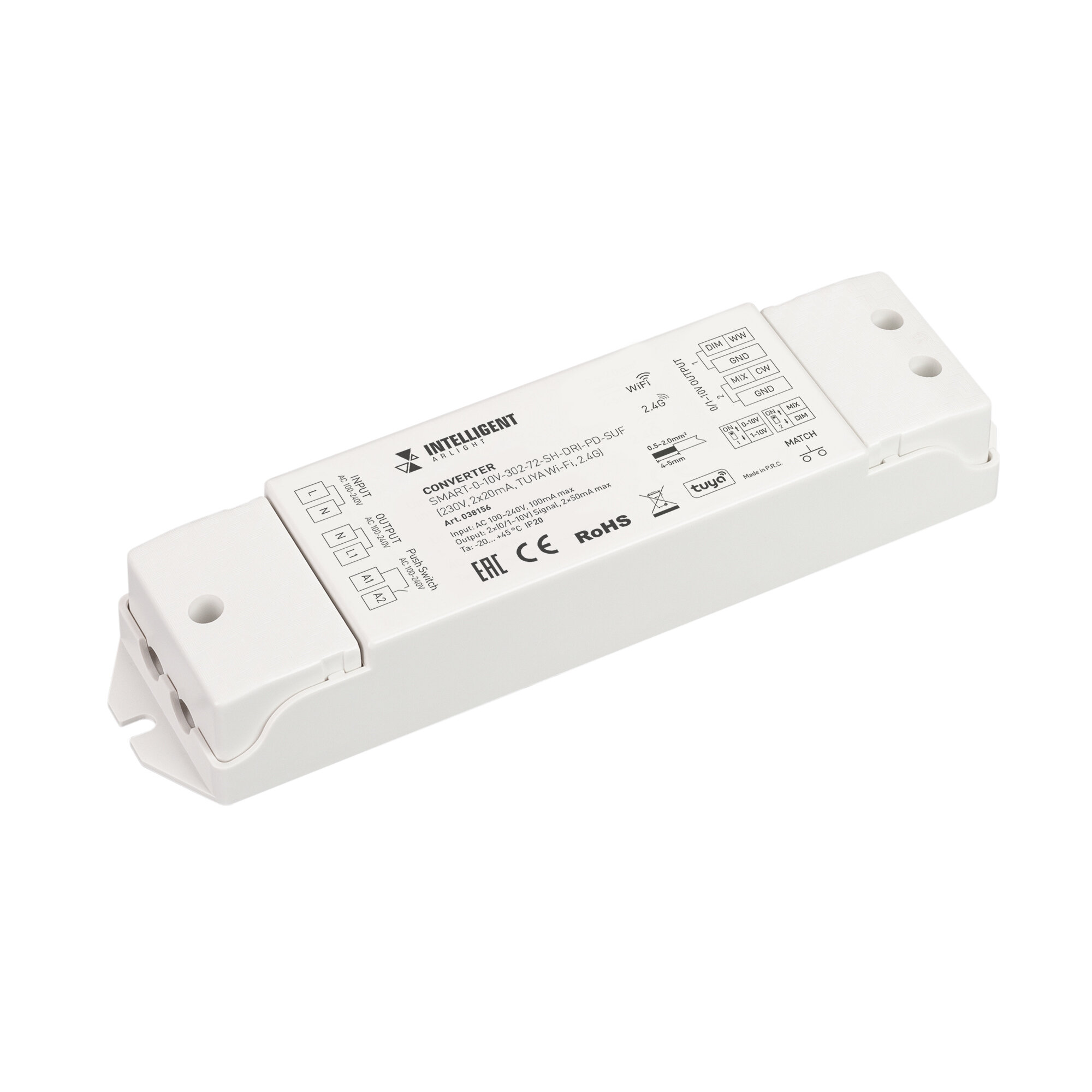 Конвертер Arlight INTELLIGENT ARLIGHT Конвертер SMART-0-10V-302-72-SH-DRI-PD-SUF (230V, 2x20mA, TUYA Wi-Fi, 2.4G) (IARL, IP20 Пластик, 5 лет)
