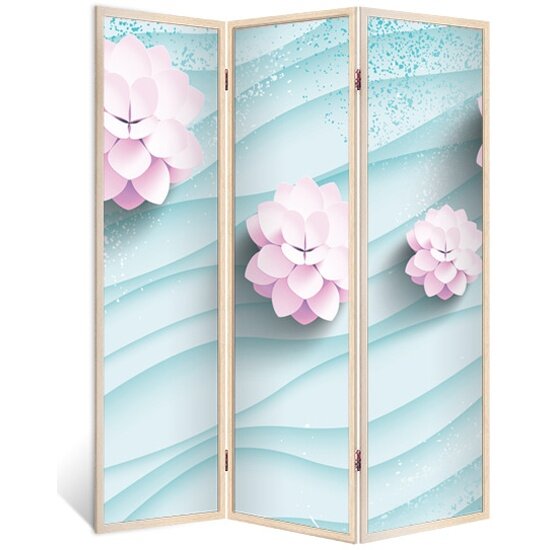 Ширма перегородка Декор Депо для комнаты деревянная "Розовый лотос" двухсторонняя с картинкой (абстр) 3 створки кремовый дуб 176х140 см 11 кг