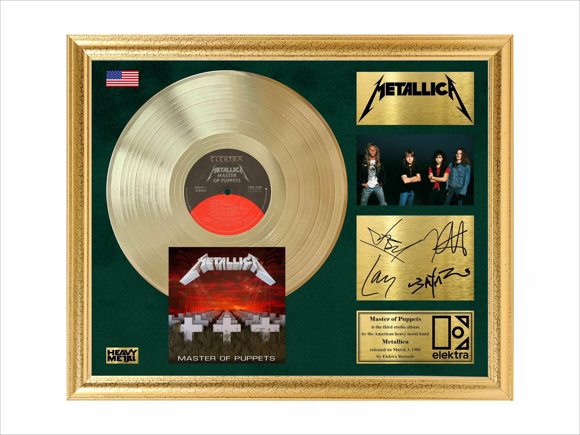 Metallica master of puppets с автографами золотая виниловая пластинка в рамке и автографы музыкантов