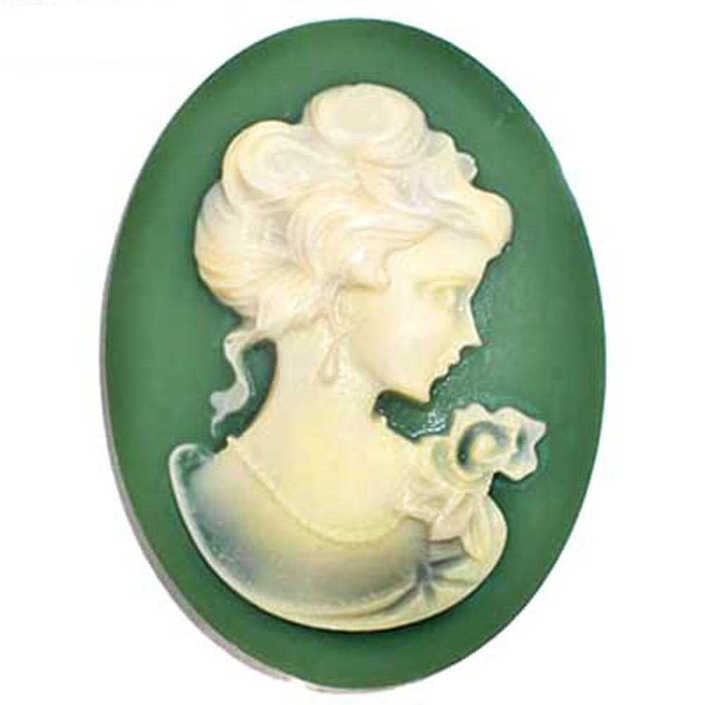 Кабошон-камея из смолы Женщина 0006141 зеленого цвета овальный 39x29 мм, цена за 1 шт.