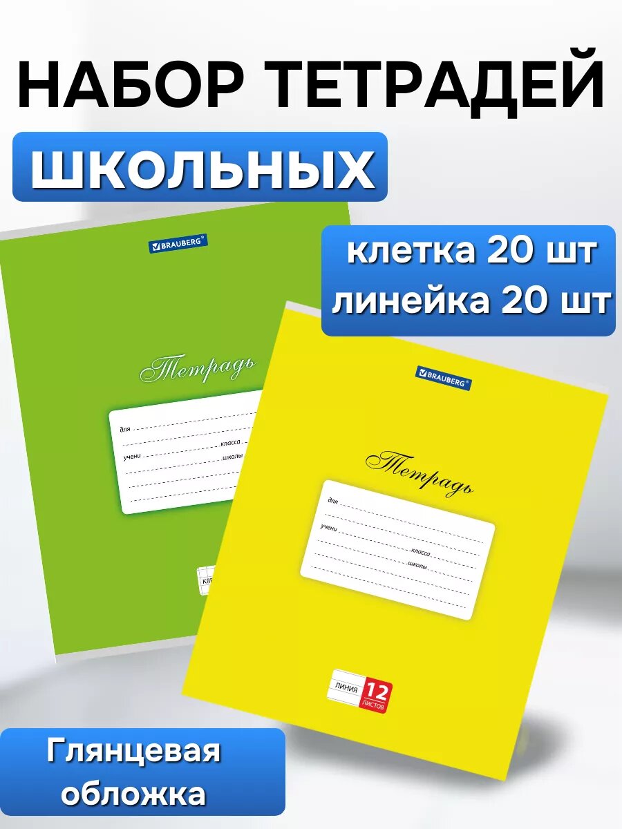 Набор школьных тетрадок HATBER, клетка-20 штук, линейка-20 штук, по 12 листов, глянцевая обложка