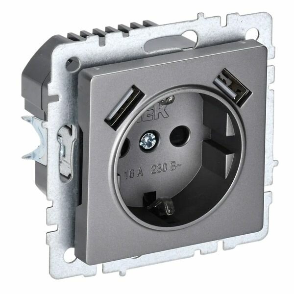 Штепсельная розетка встраиваемая IEK BRITE 16А BR-R14-16-U21-D21-K4 РЮш10-1-БрС с з/к и шторками с USB A+A 2,1А сталь