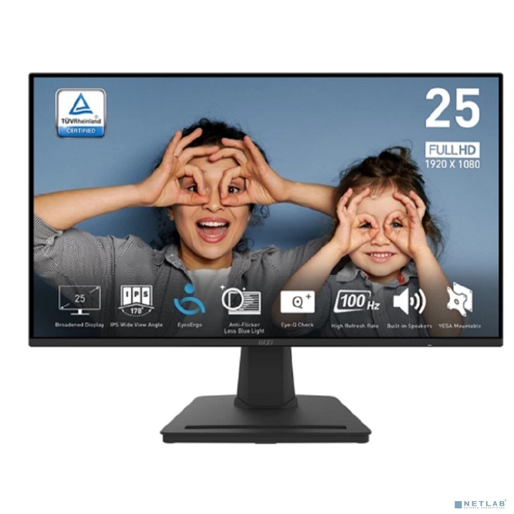 Монитор 24.5 MSI Pro MP252 IPS 1920x1080, 100 Гц, 1 мс, 16:9, 300 кд/м², HDMI, DP, 3.5 Jack, динамики (2x2 Вт), черный