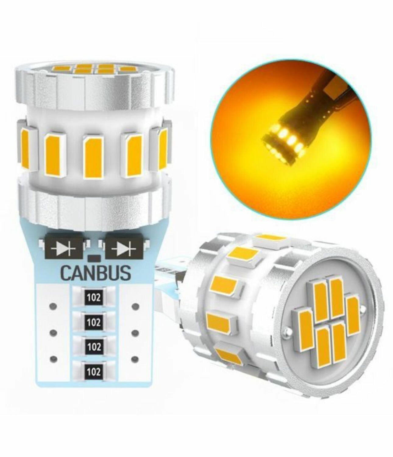 Т10 W5W желтая, светодиодная автолампа с обманкой в габариты, задний поворотник/дублирующий поворотник/освещение багажника/подсветка боковых зеркал, комплект (2шт)цвет желтый