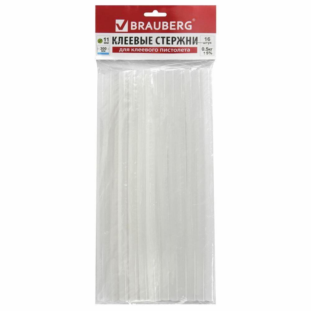 Клеевые стержни, диаметр 11 мм, длина 300 мм, прозрачные, комплект 16 штук, BRAUBERG