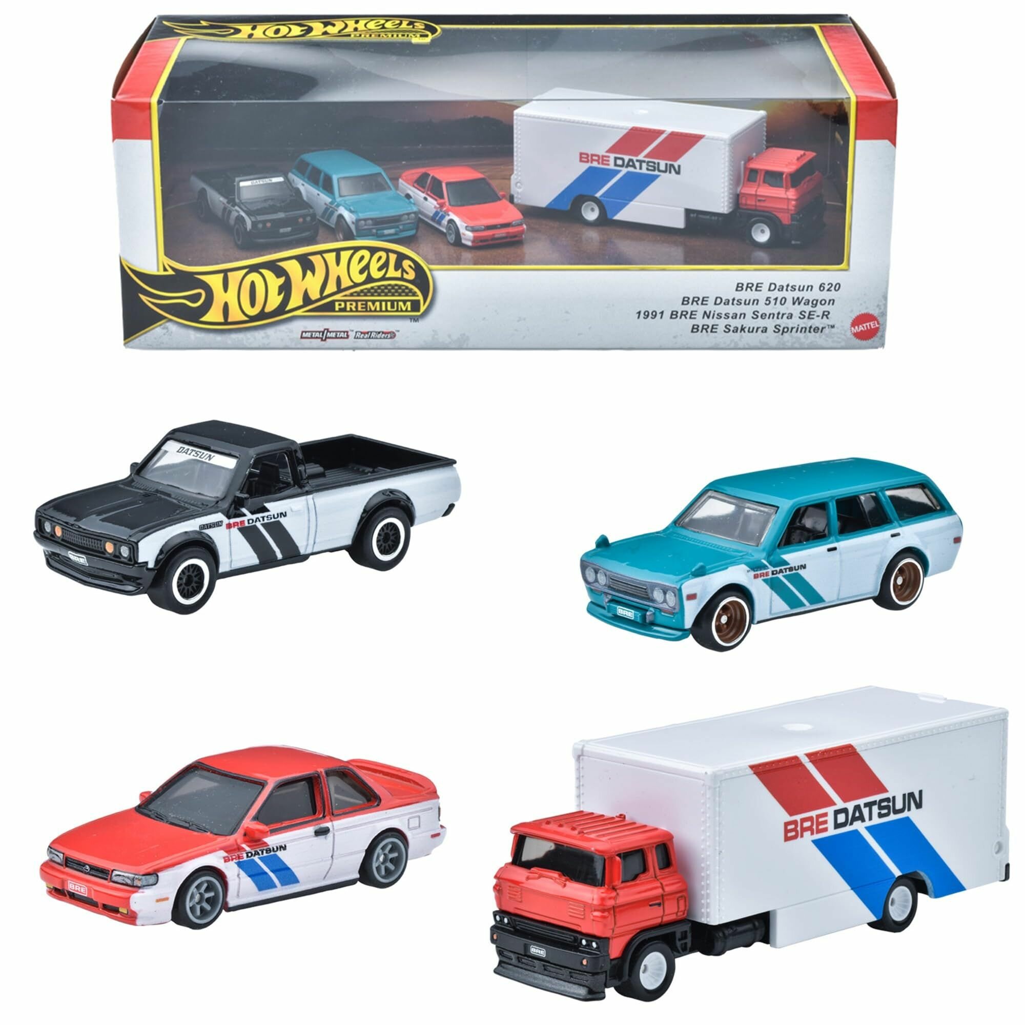 Машинка Hot Wheels Premium Garage BRE Datsun 620+BRE Datsun 510 Wago+1991 BRE Nissan Sentra SE-R+BRE Sakura Sprinter