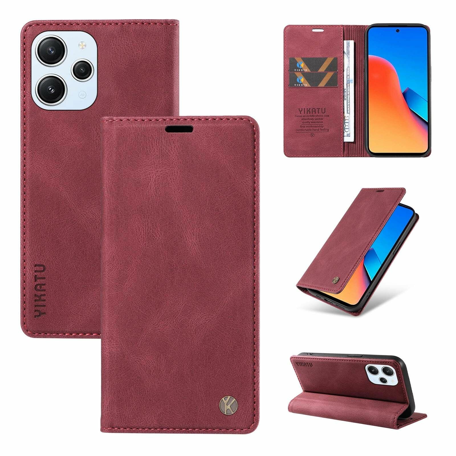 YIKATU Кожаный чехол книжка для Poco M6 Pro (5G) Xiaomi Redmi 12 4G 5G / Поко М6 Про 5G / Сяоми Редми 12 4г/5Джи Xiaomi Redmi Note 12 R Сяоми Редми Ноут 12 P с визитницей экокожи