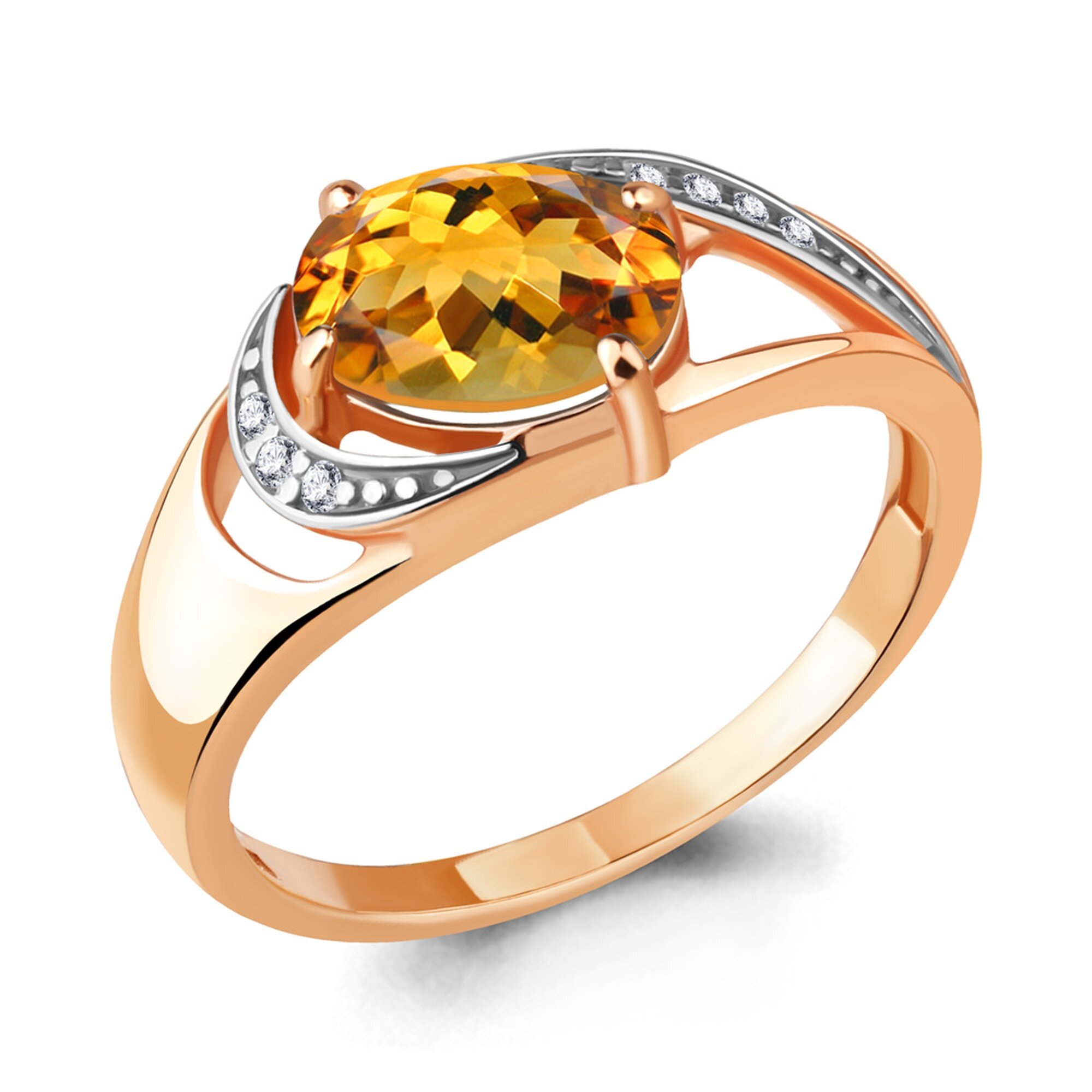 Кольцо, серебро, 925 проба, золочение, фианит, цитрин