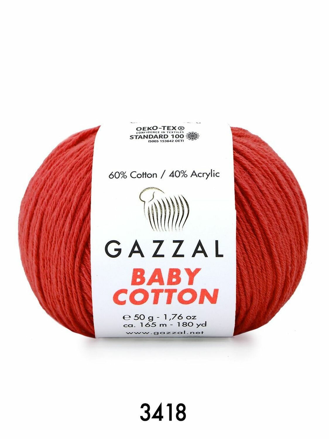 Пряжа BABY COTTON (Gazzal), яр. коралл - 3418, 60% хлопок, 40% акрил, 5 мотков, 50 г, 165 м.