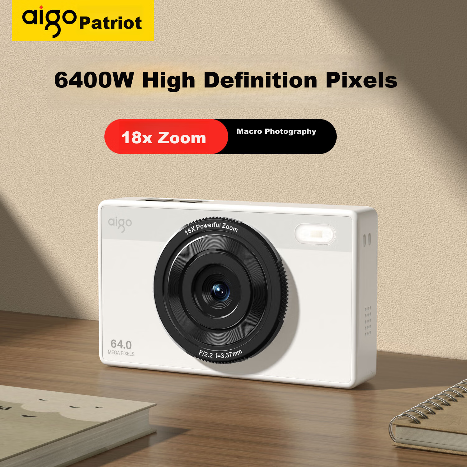 Aigo E6 Student Digital Camera for Women, Entry-Level High-Definition Travel Campus Compact Camera, Retro CCD Alternative, 64GB White