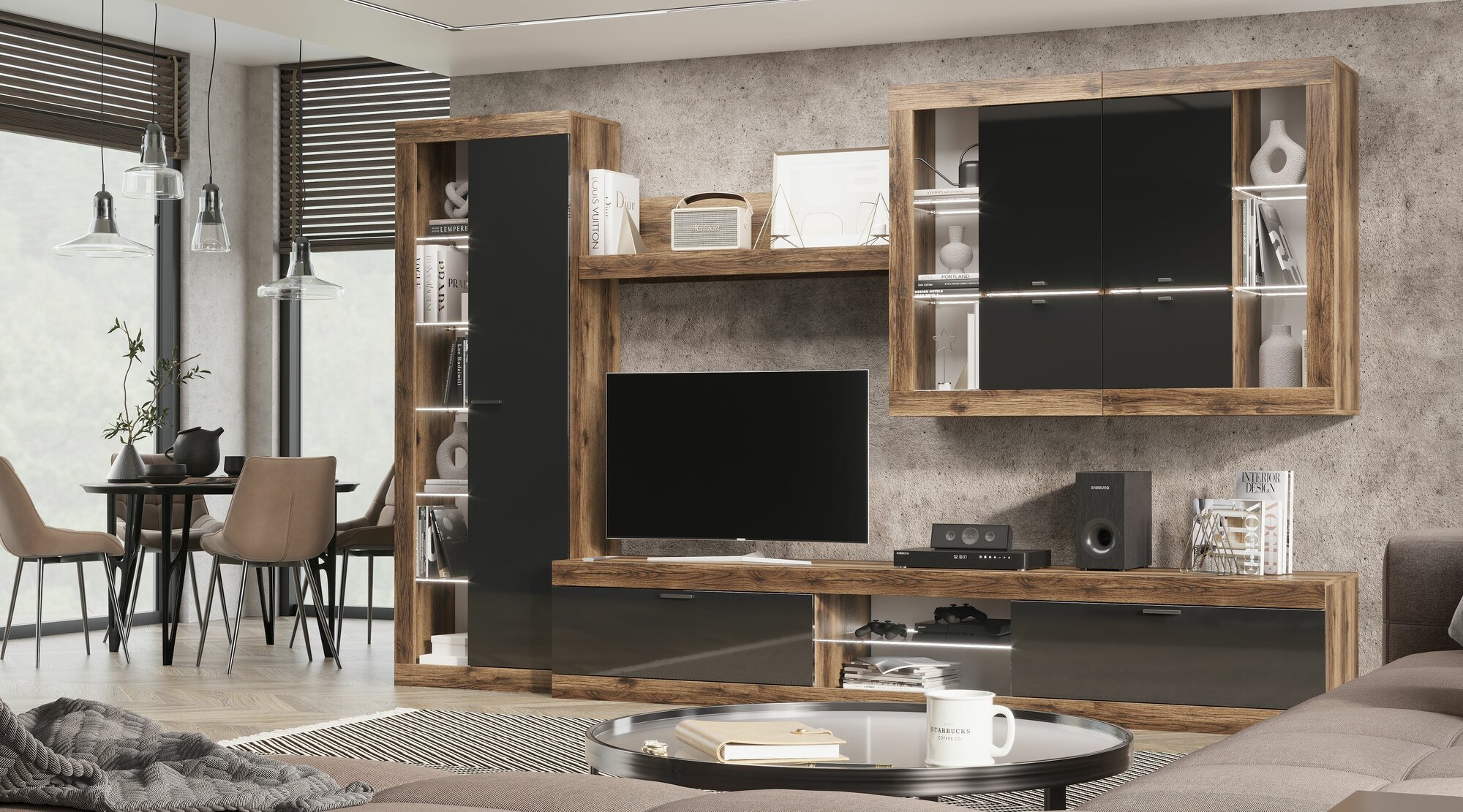 Комплект мебели для гостиной Прага (комп 53) Дуб Делано/Черный глянец