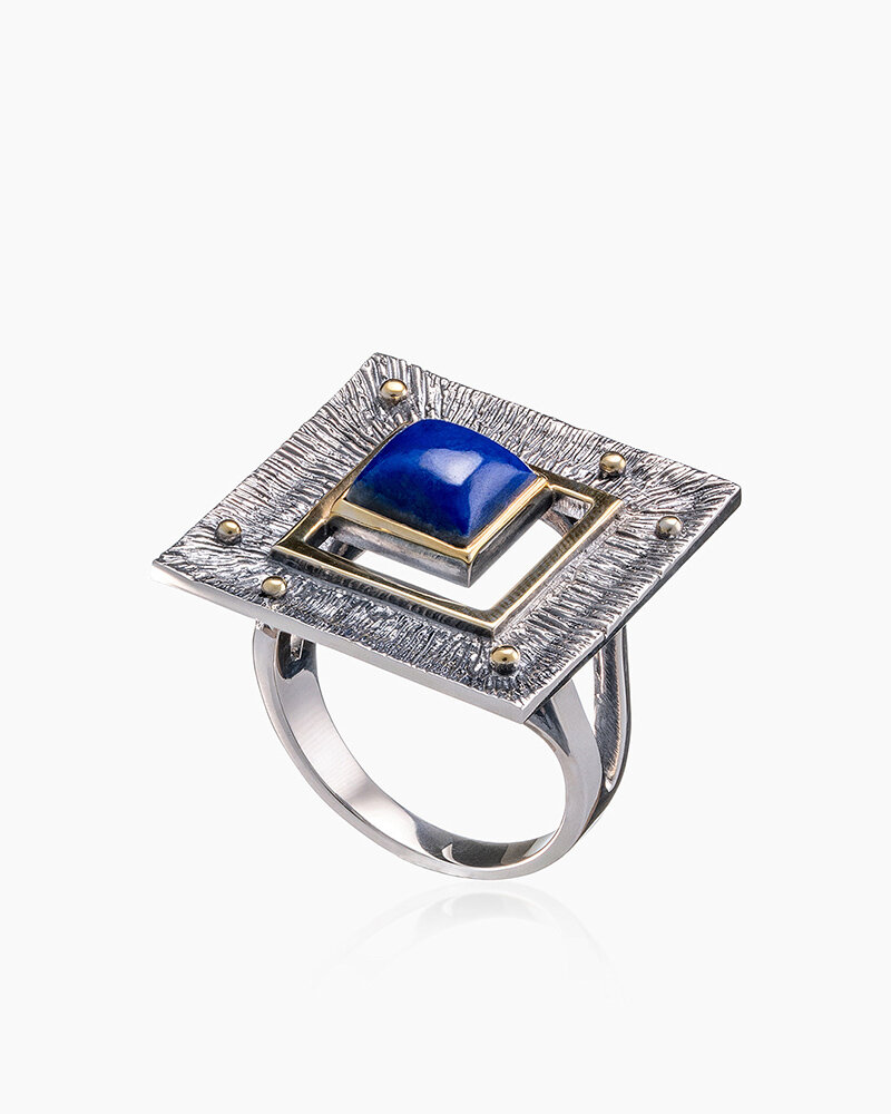 Кольцо, серебро, 925 проба, золочение, чернение, лазурит