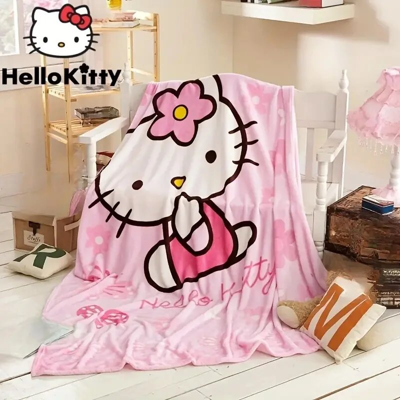 Мягкое пушистое одеяло Hello Kitty Y2K Sanrio Cartoon Cute Plush Blanket Kawaii, идеально подходит для декора комнаты для девочек Hello Kitty