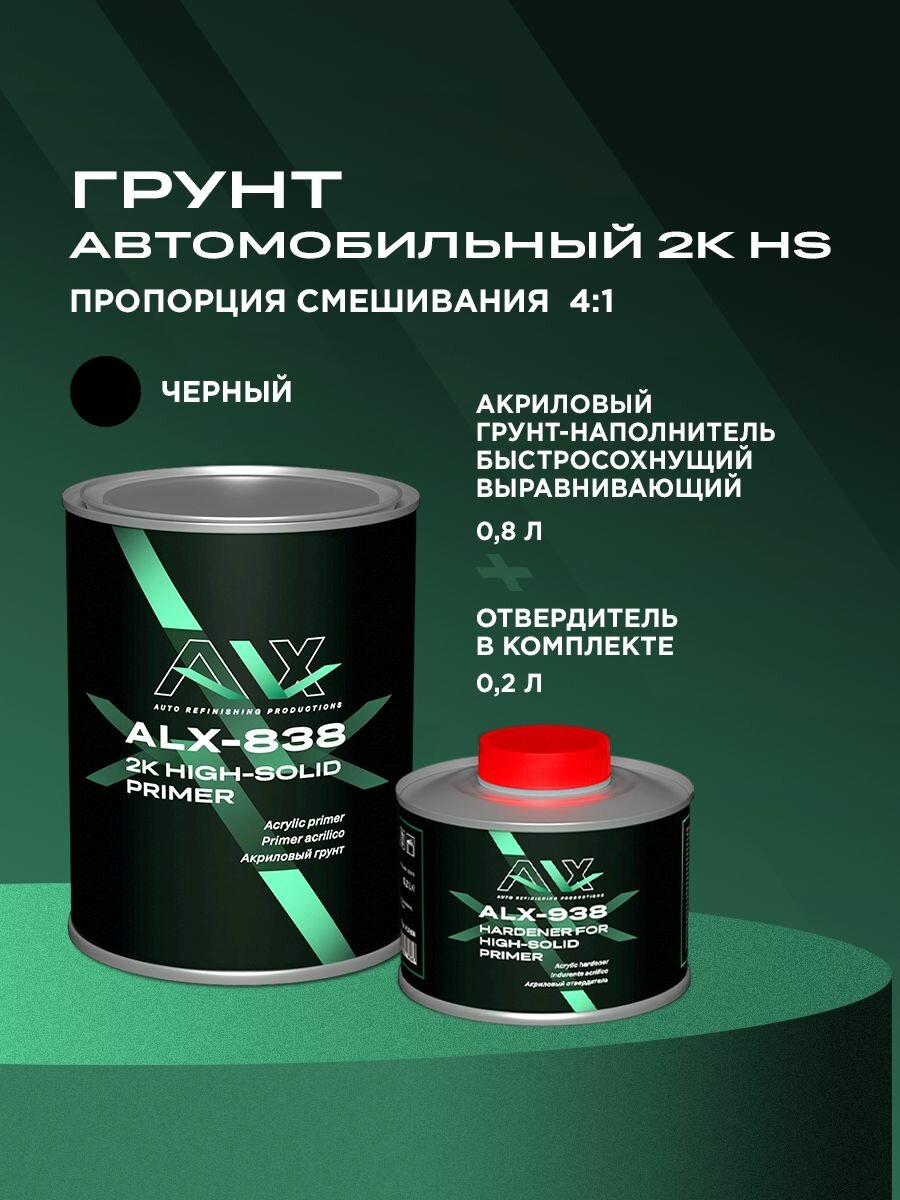 Грунтовка для автомобиля акриловая 2K HS 4:1 чёрная 0,8 л + 0,2 л отвердитель, грунт акриловый автомобильный порозаполняющий, автогрунтовка ALX HIGH-SOLID