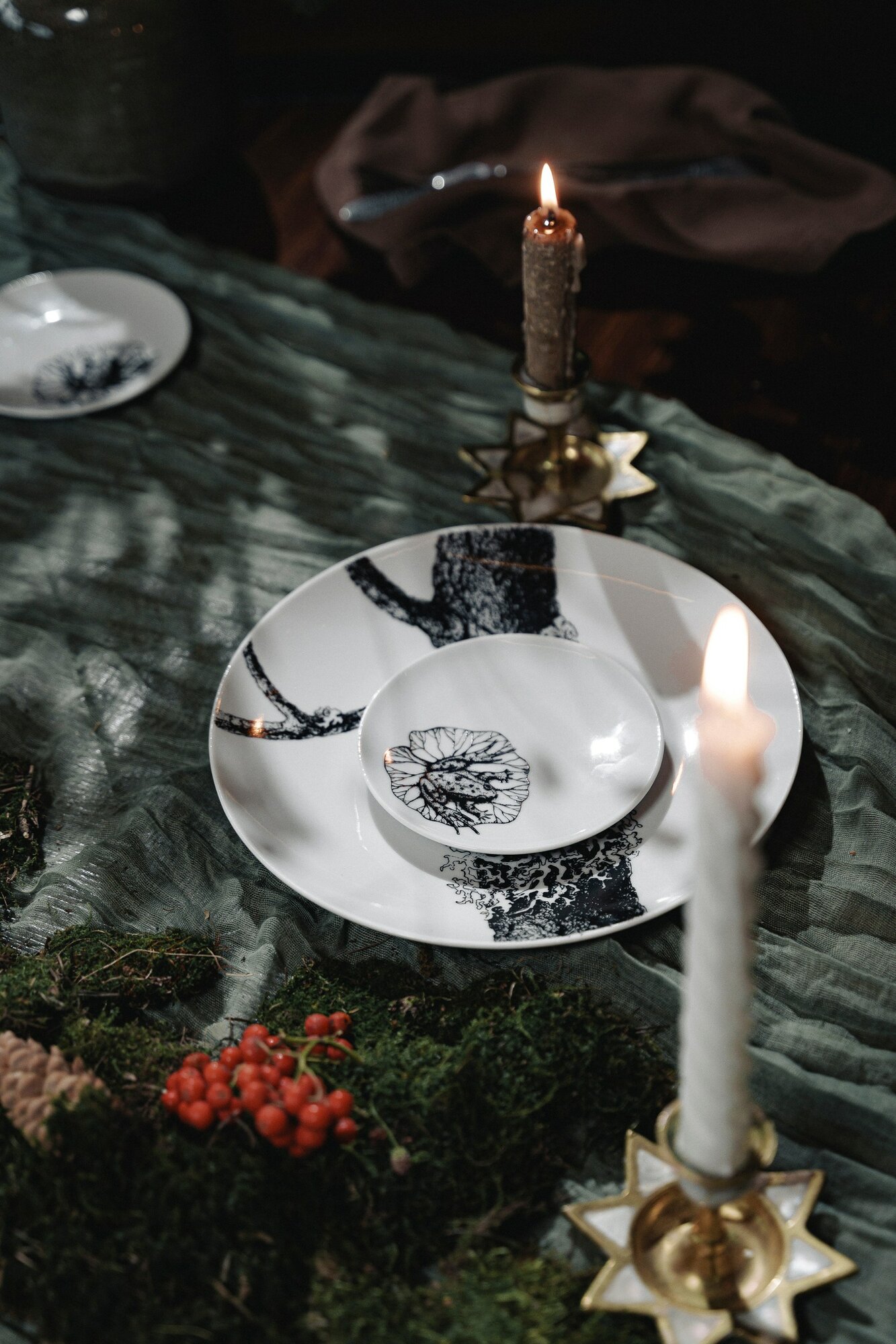 Сет из четырех тарелок антихрупкость "Древо", "Шишка", "Ветвь", "Лягушка", фарфор