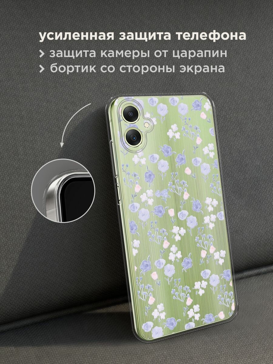 Чехол на Samsung Galaxy A06 / Самсунг Галакси А06 с принтом "Сиреневые розы паттерн", прозрачный — фото 1