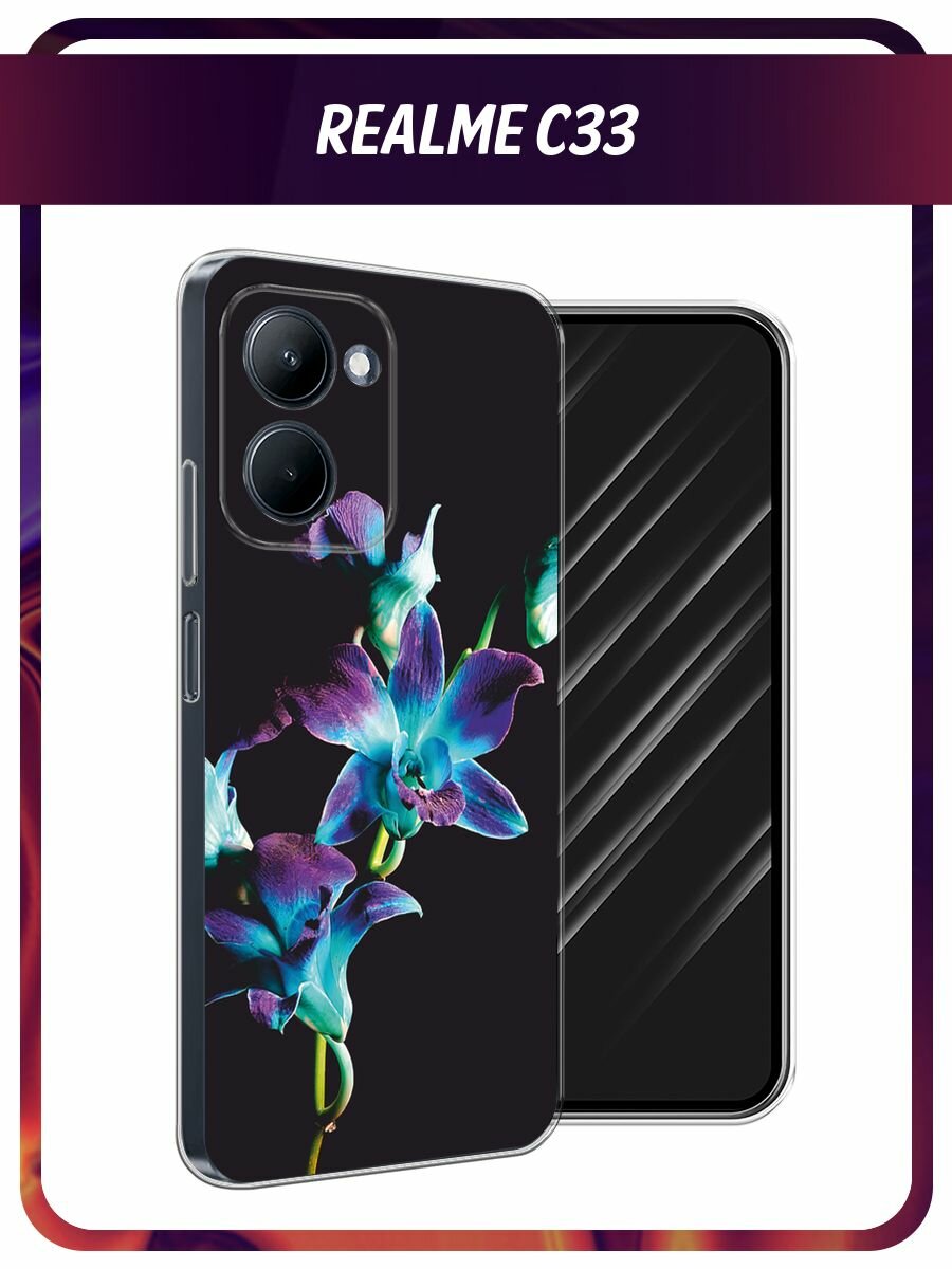 Чехол на Realme C33 / Реалми С33 с принтом "Синий цветок на черном"
