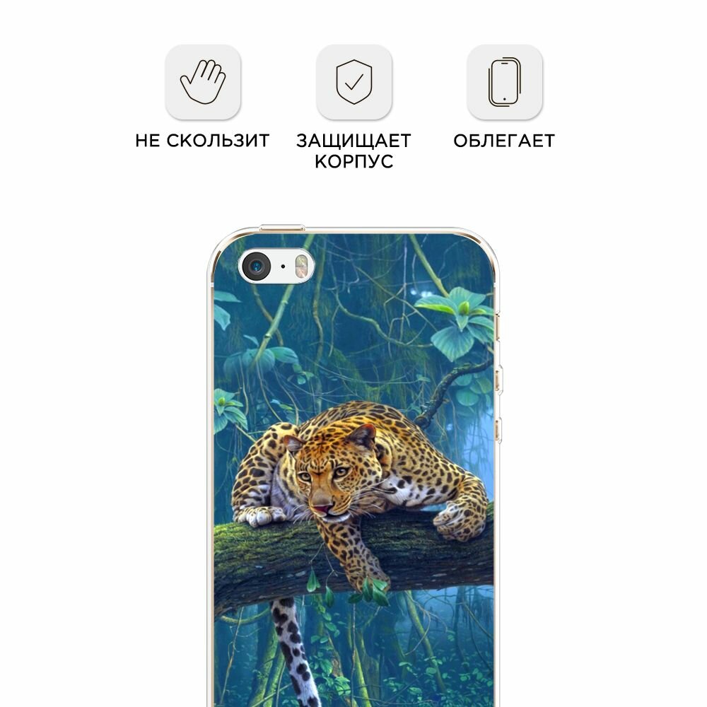 Чехол на Apple iPhone 5/5S/SE / Айфон 5/5S/SE с принтом "Леопард охотник" — фото 1