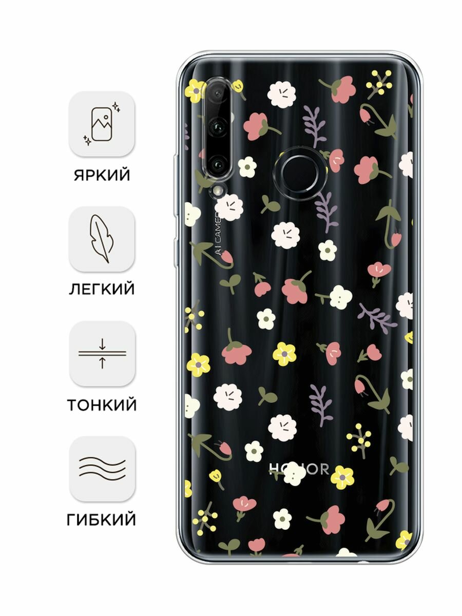 Чехол на Honor 10i/20 Lite 2019/20e/Huawei P Smart Plus 2019 / Хонор 10i с принтом "Россыпь цветов рисунок", прозрачный — фото 1