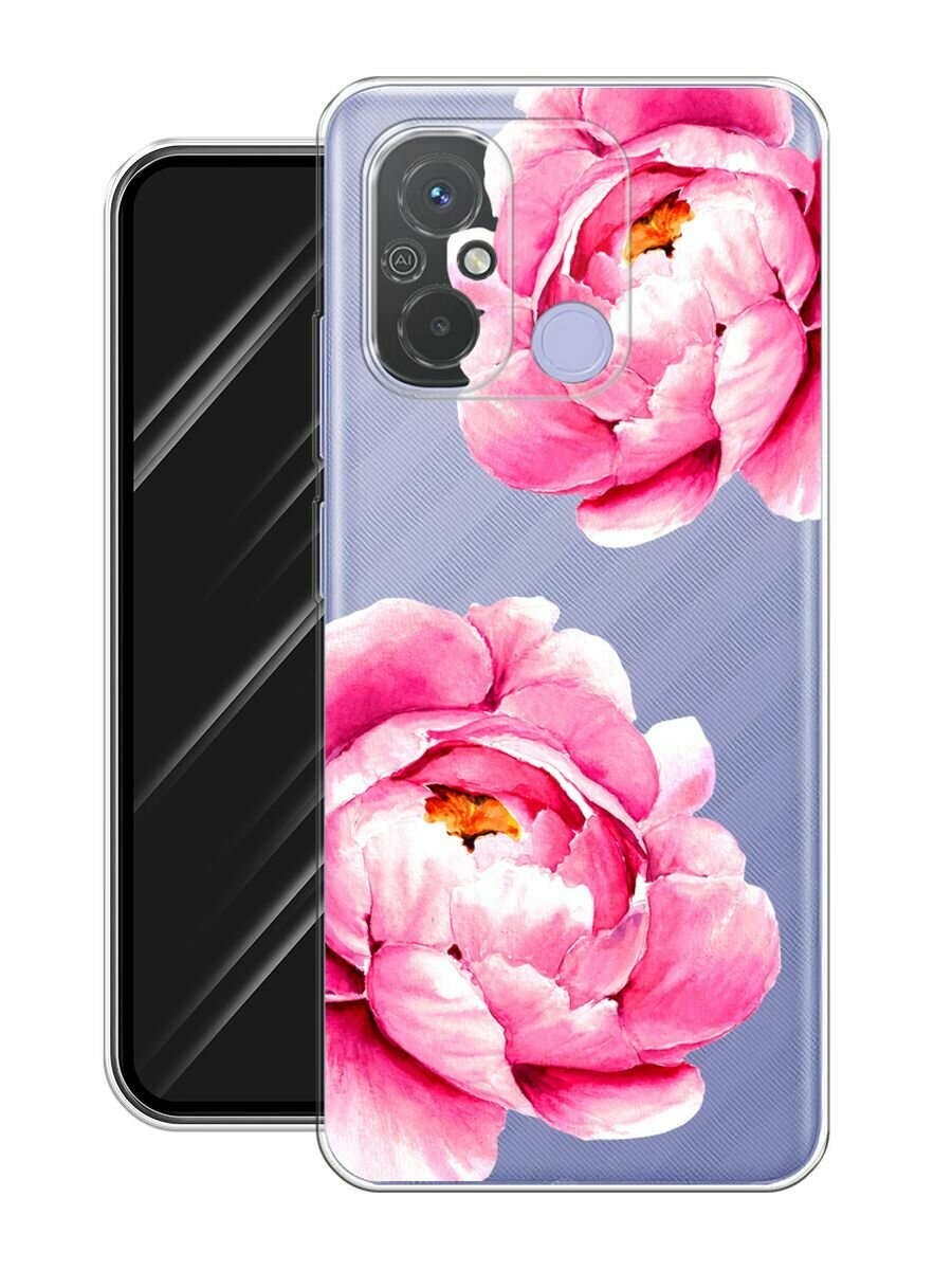 Чехол на Xiaomi Redmi 12C/Poco C55 / Редми 12C/Поко С55 с принтом "Open peonies", прозрачный — фото 1