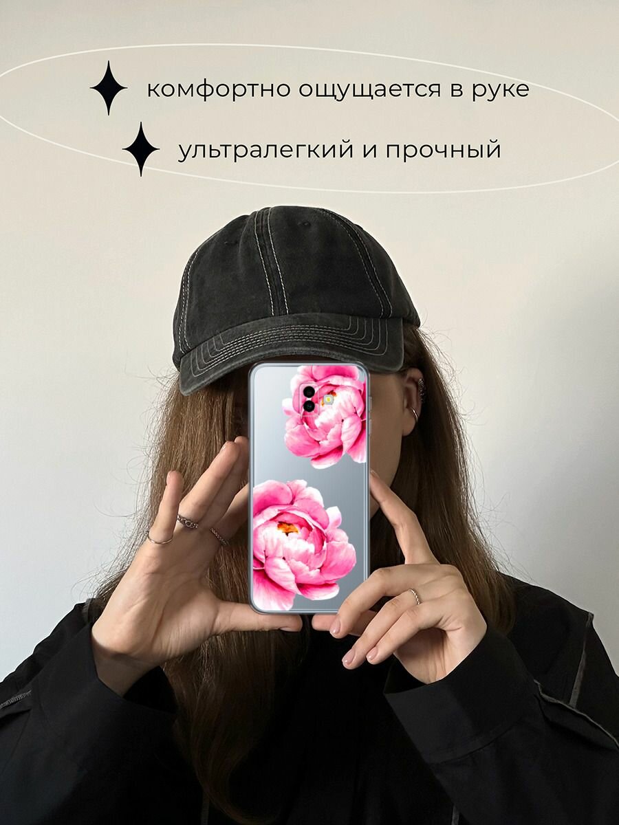 Чехол на Samsung Galaxy J6 + / Самсунг Галакси J6 Плюс 2018 с принтом "Open peonies", прозрачный — фото 1