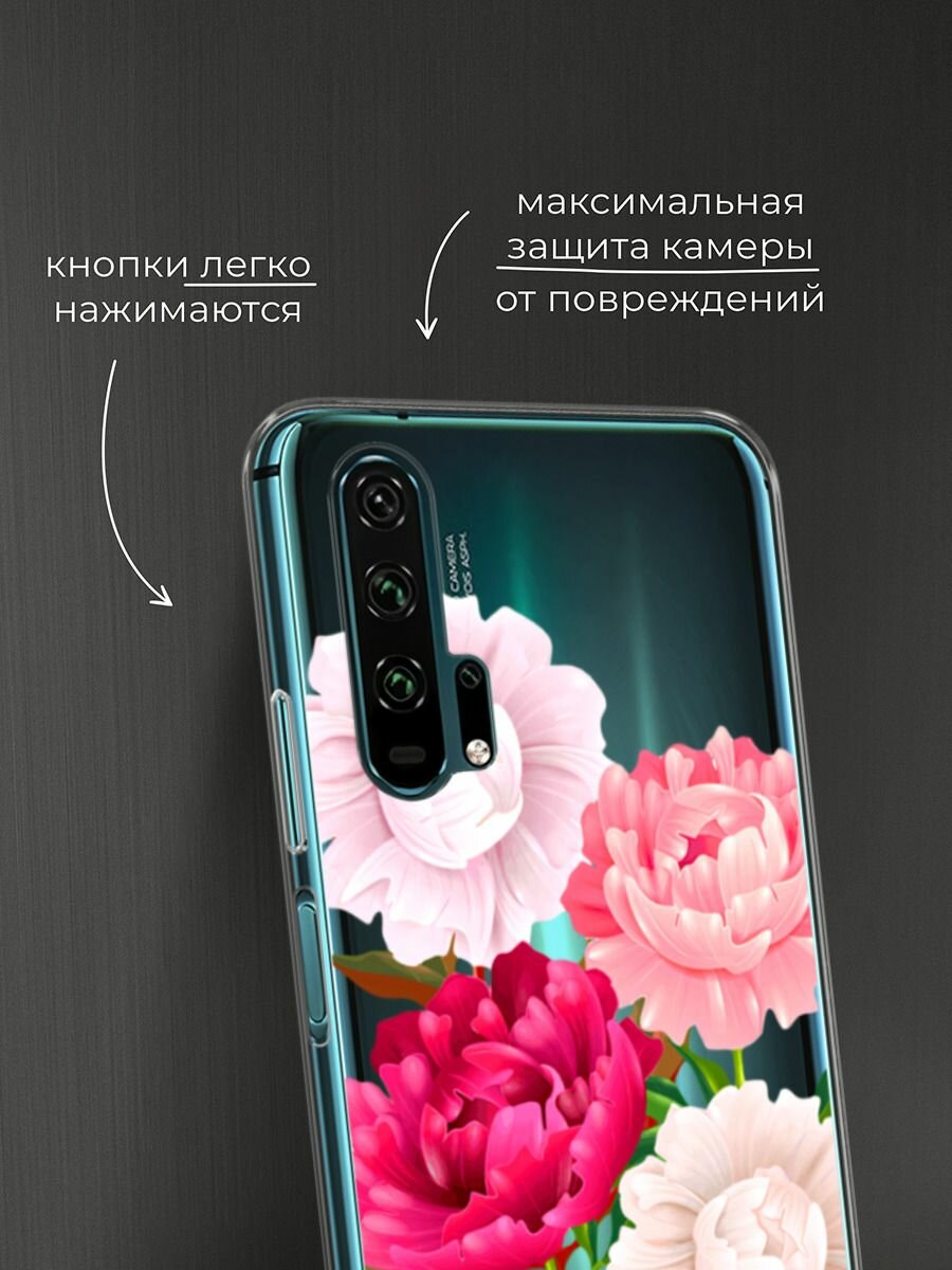 Чехол на Honor 20 Pro / Хонор 20 Про с принтом "Большие пионы", прозрачный — фото 1