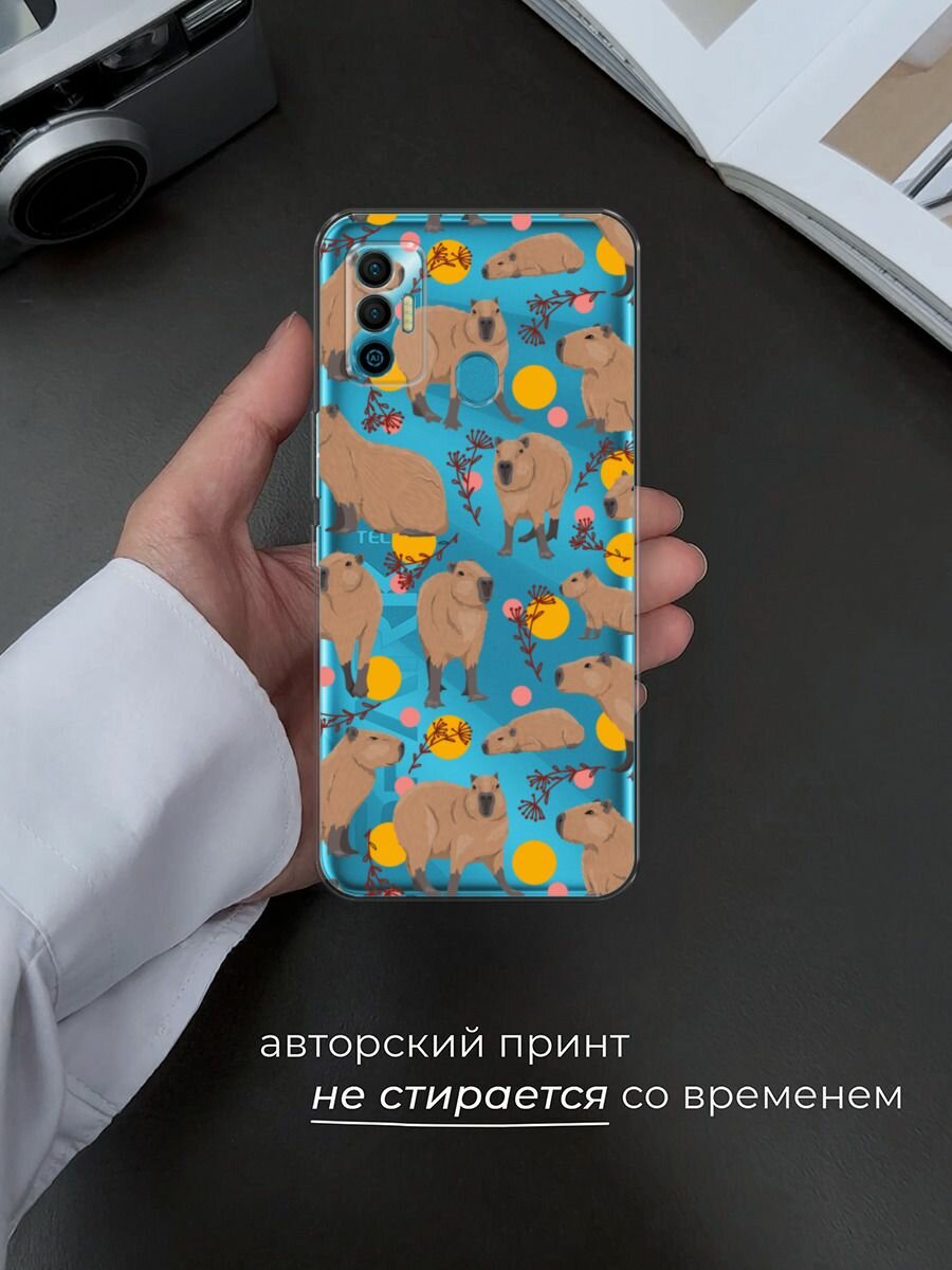 Чехол на Tecno Spark 7 / Техно Спарк 7 с принтом "Капибара паттерн", прозрачный — фото 1