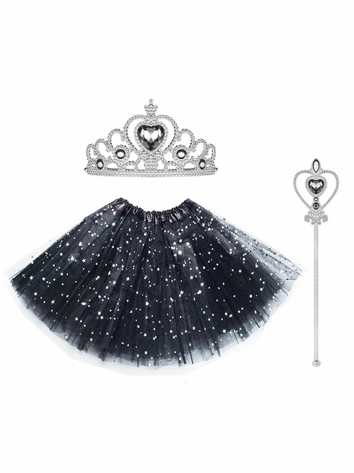Детский костюм принцессы: юбка-пачка, корона и волшебная палочка, Черный