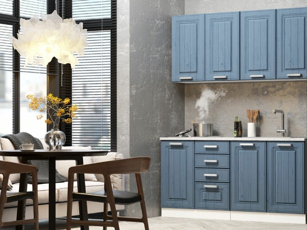 Кухонный гарнитур Греция 1,6 м №2 с ящиками глухая, Белый / Дуб перванш синий + Столешница 26 мм Антарес 1,6 м (Регион 058)