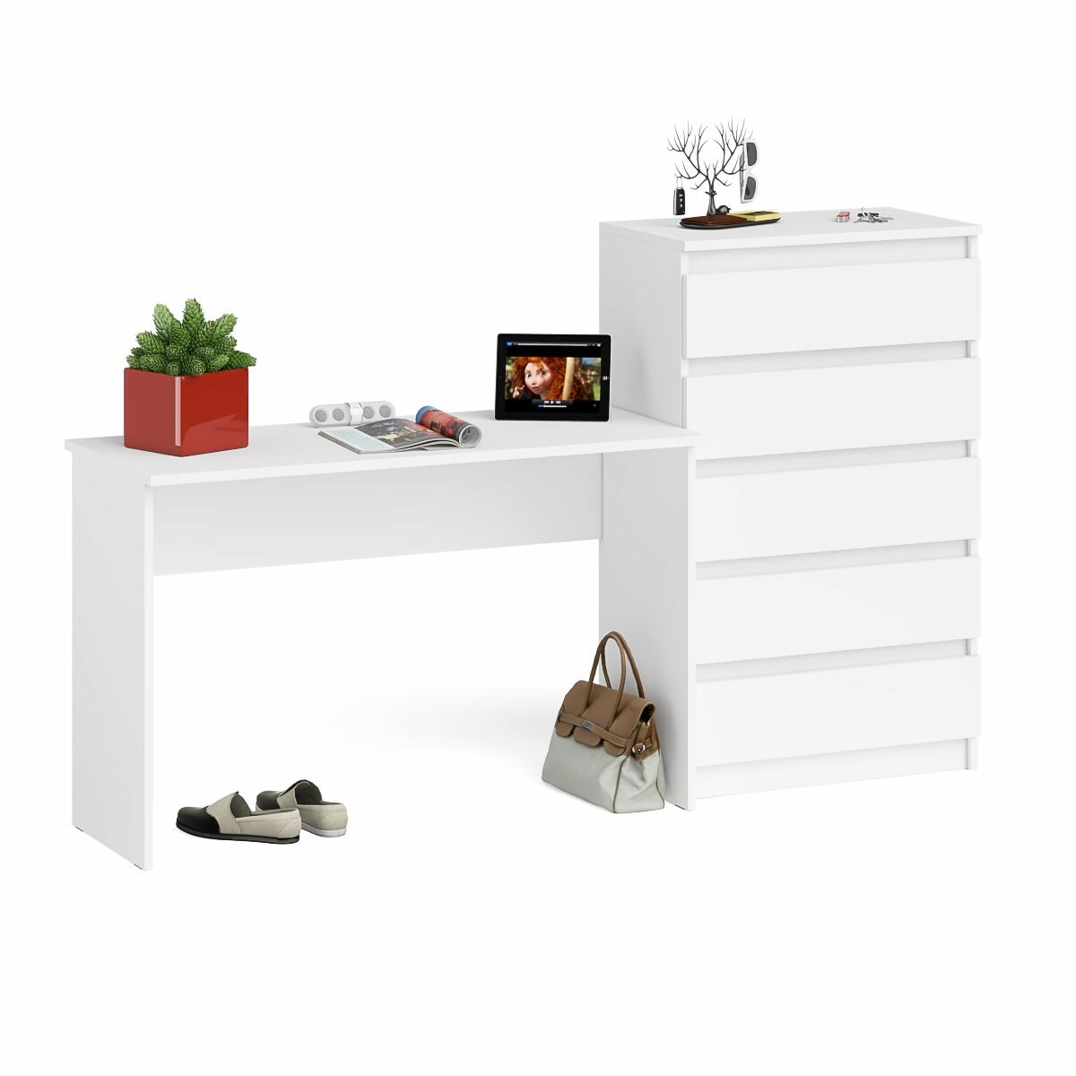 Стол письменный СВК Мори 700 с комодом 5 ящиков цвет белый, 190,8х50х114 см.
