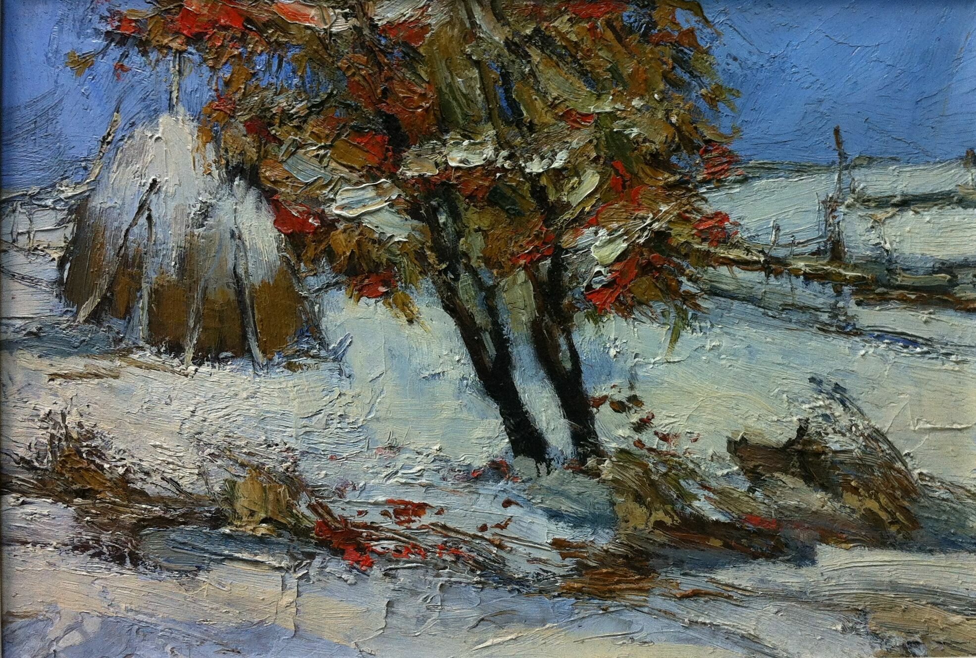 Картина "Зимняя ягода", 25х35 см, холст; масло, авторская работа; ;