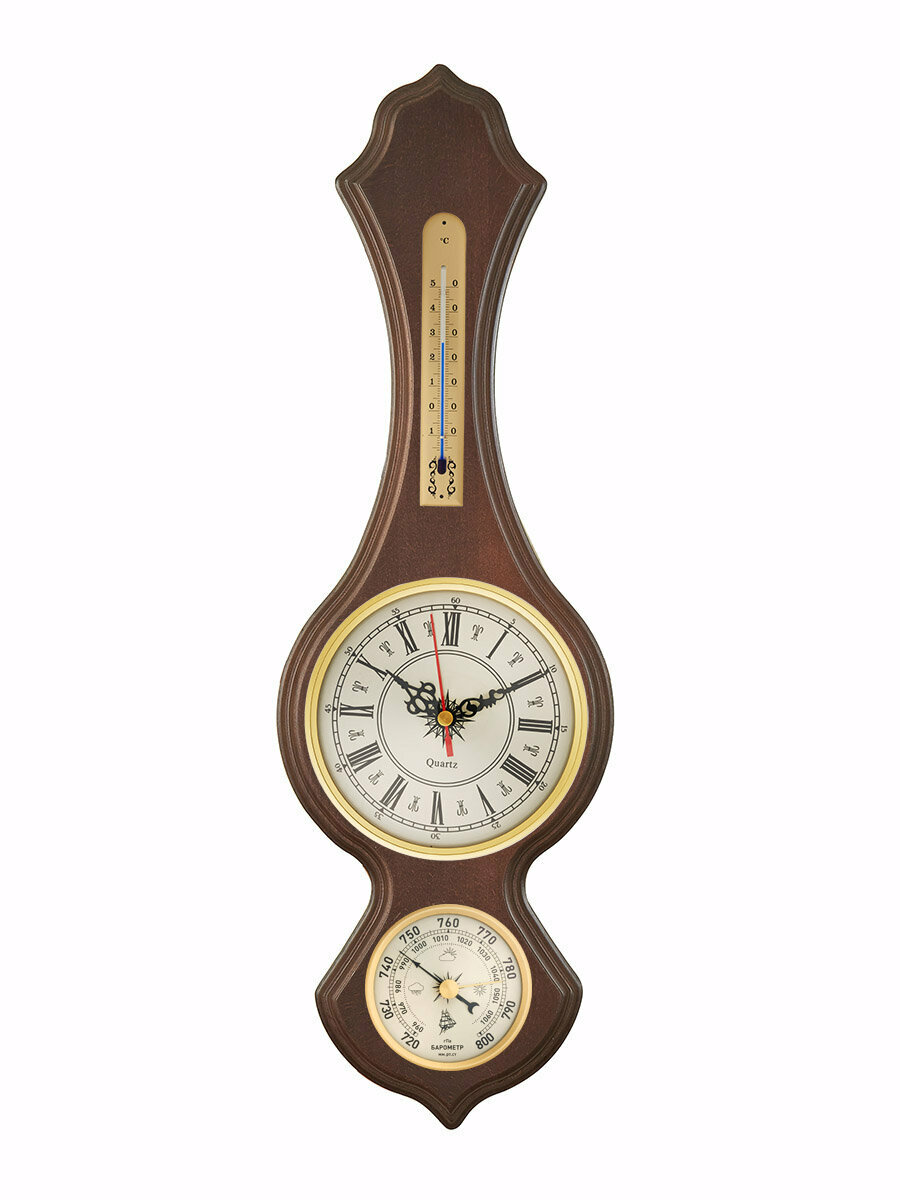 Погодная станция бриг БМ93305-1-В. Механическая бытовая метеостанция с часами. Настенная , черно-коричневая. Барометр , кварцевые часы, термометр.