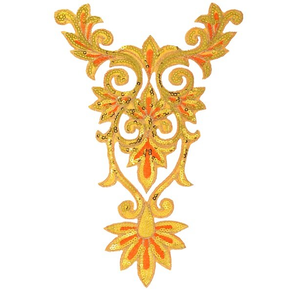 Термоаппликация с пайетками « Вензель» для декорирования танцевальных костюмов, национальной одежды, размер 15*24 см, упак. 1 шт: цвет: оранжевая