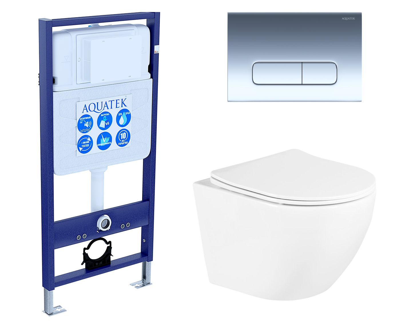 Комплект 3 в 1 инсталляция Акватек Standart 50 + Унитаз подвесной BelBagno Uno BB3105CHR/SC с кнопкой хром INS-0000012 + BB3105CHR/SC + KDI-0000016