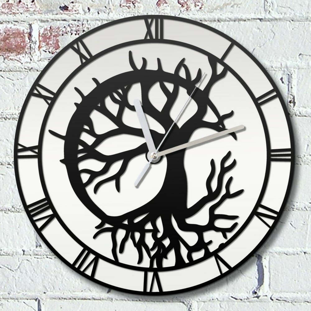 Настенные деревянные бесшумные часы эстетика Древо (мистика, готика, дарк атмосфера, луна, месяц) - 5142