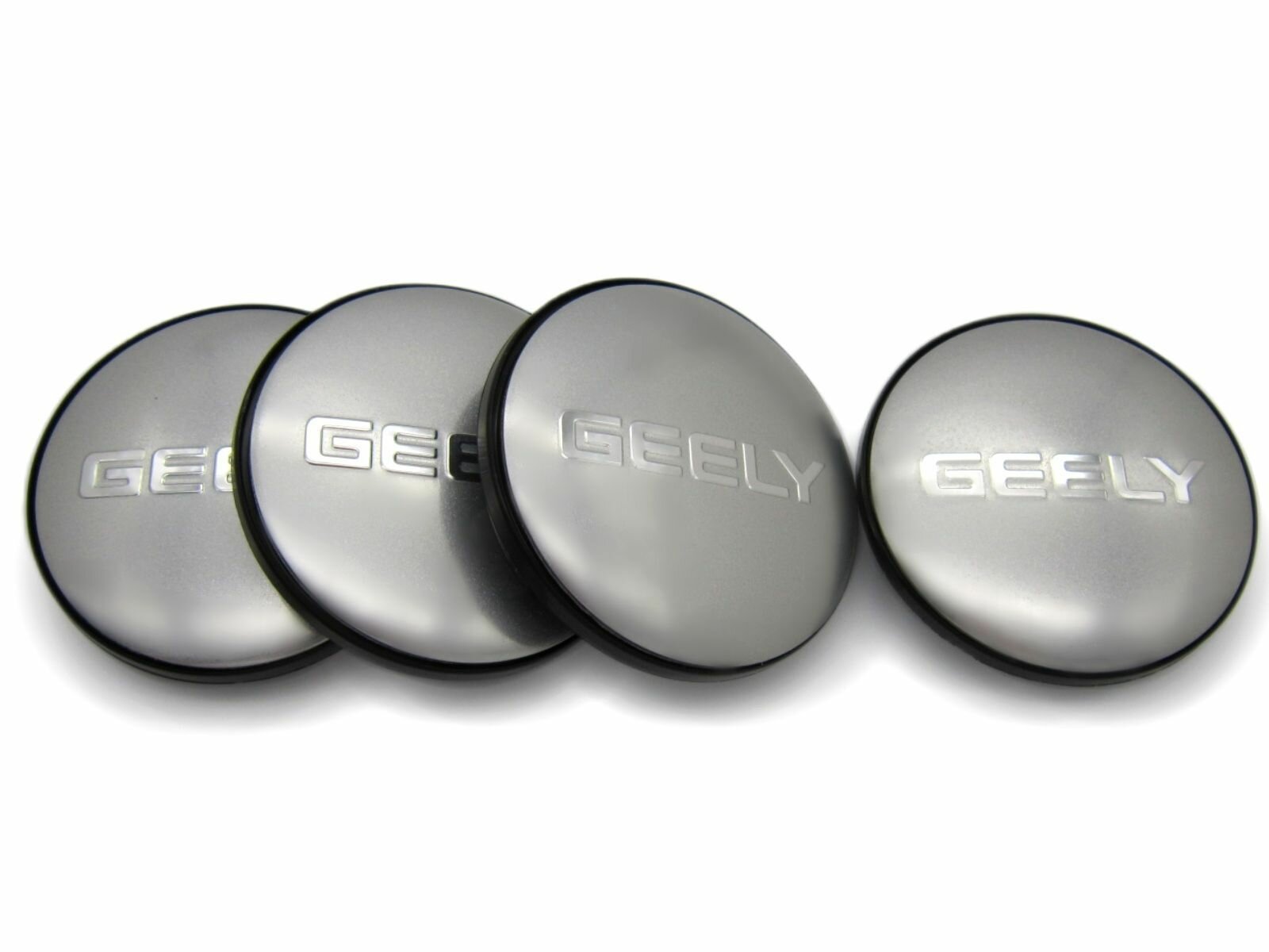 Колпачки, заглушки на литые диски КиК Geely silver надпись 62/55/10, комплект 4 шт.