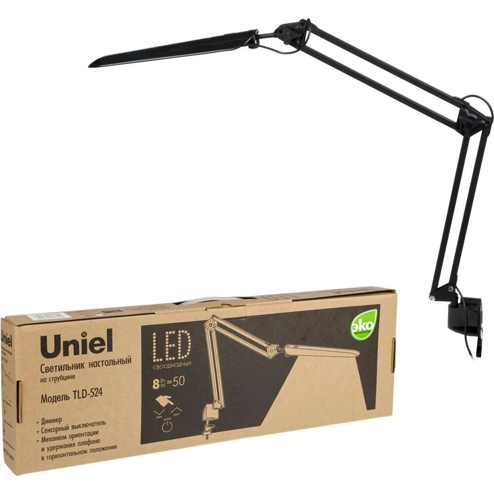 Настольный светильник Uniel на струбцине/LED/500Lm/4500K/Dimmer/TLD-524 Black/8W/ 10608, для освещения рабочего места