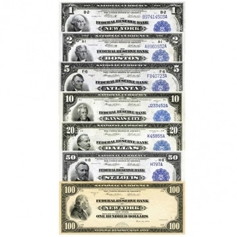 Набор 7 банкнот 1-100 долларов 1915-18 США, сувенирные копии, банкноты и купюры редкие коллекционные