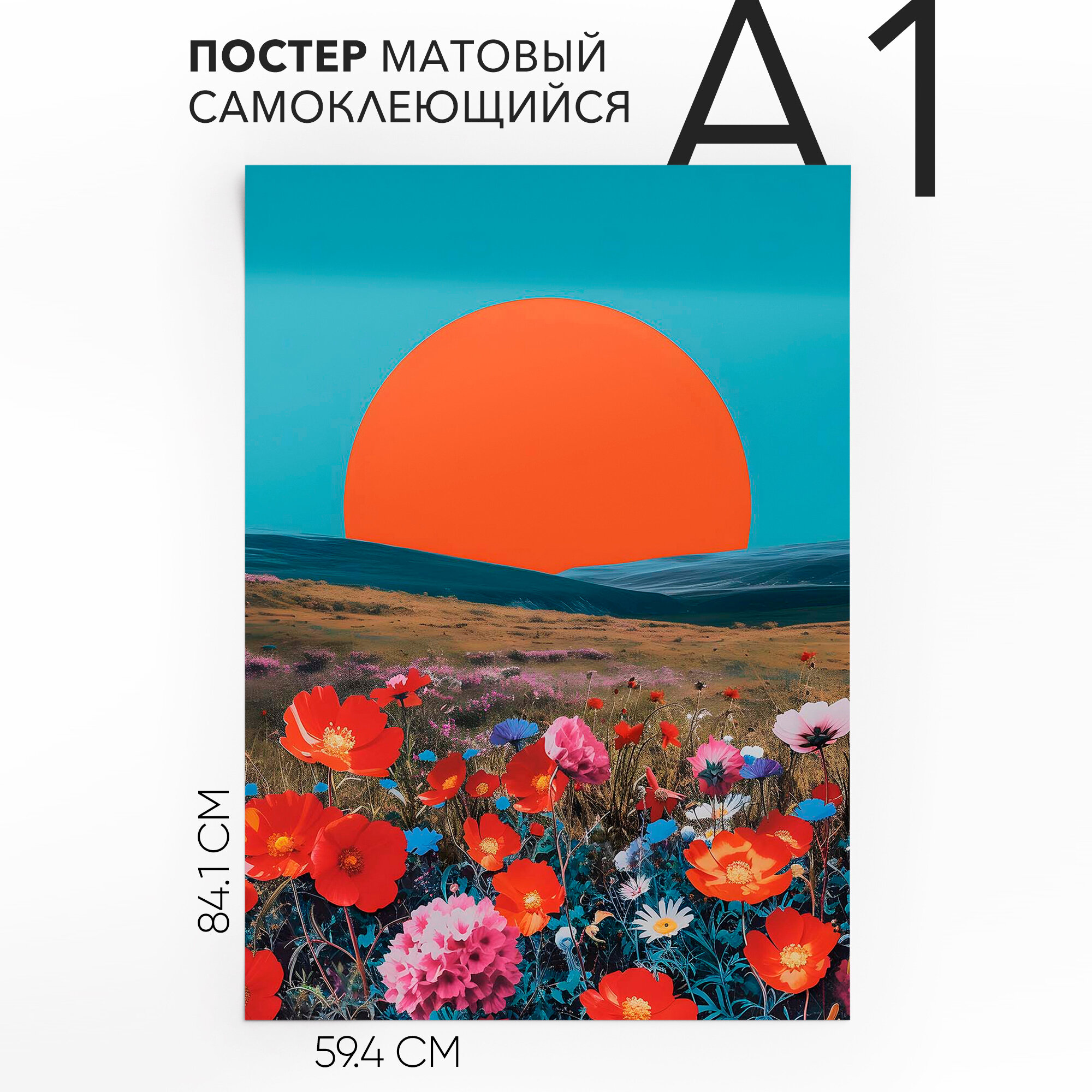 Картины постеры на стену самоклеящийся, большой A1 Маки и закат, влагостойкий, для декора