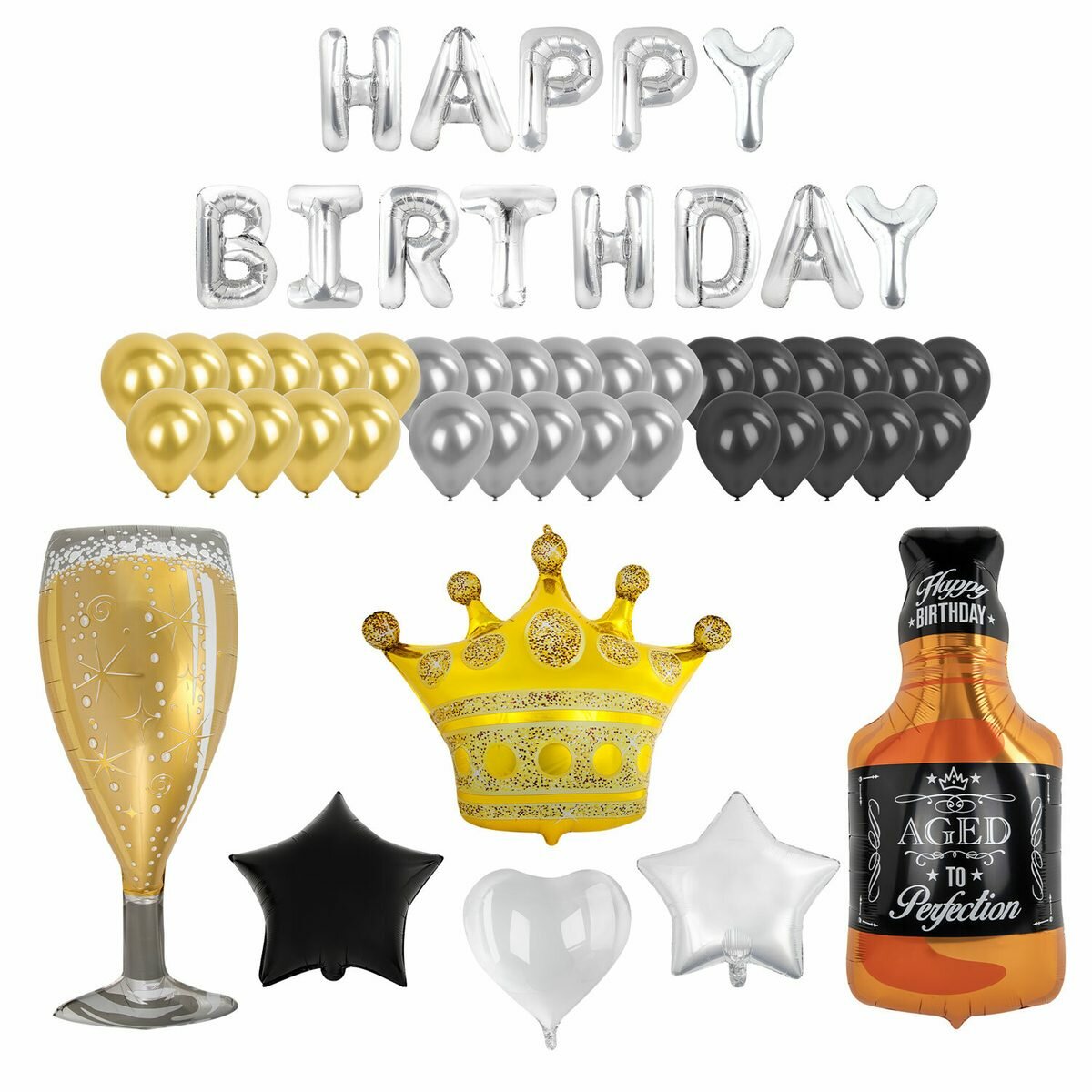 Воздушные шары Brauberg Набор для декора "Happy Birthday", 52 шара, серебро/золото/черный (591898)