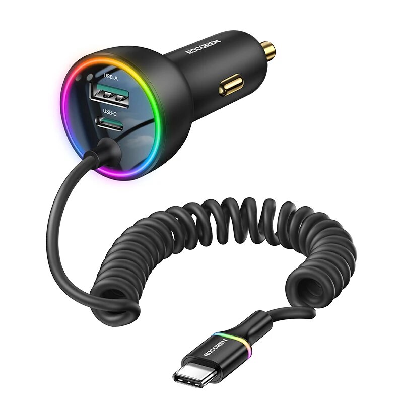 Автомобильное Зарядное Устройство Rocoren 70W USB Type C С Пружинным Кабелем, Адаптер Быстрой Зарядки USB-C Для iPhone 16, 15