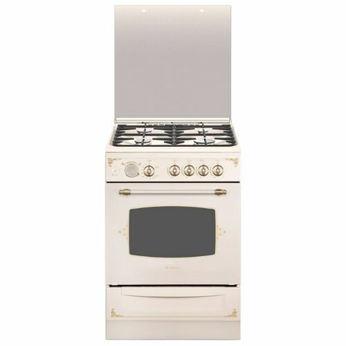 Плита Газовая Gefest ПГ 6100-03 0279 кремовый/рисунок "ретро" (стеклянная крышка) реш. чугун, 85x60x60см, 4 конфороки, духовка 52л