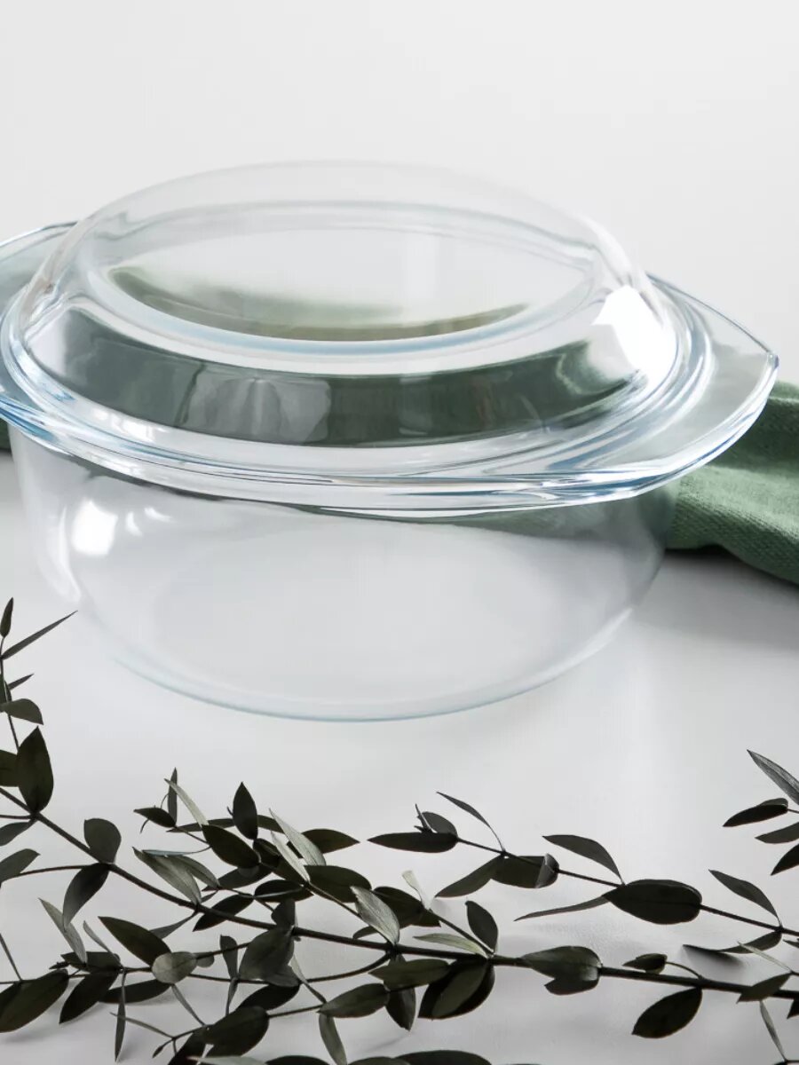 Кастрюля стеклянная жаропрочная с крышкой 2 литра, 26,7х22,7х10,6 см