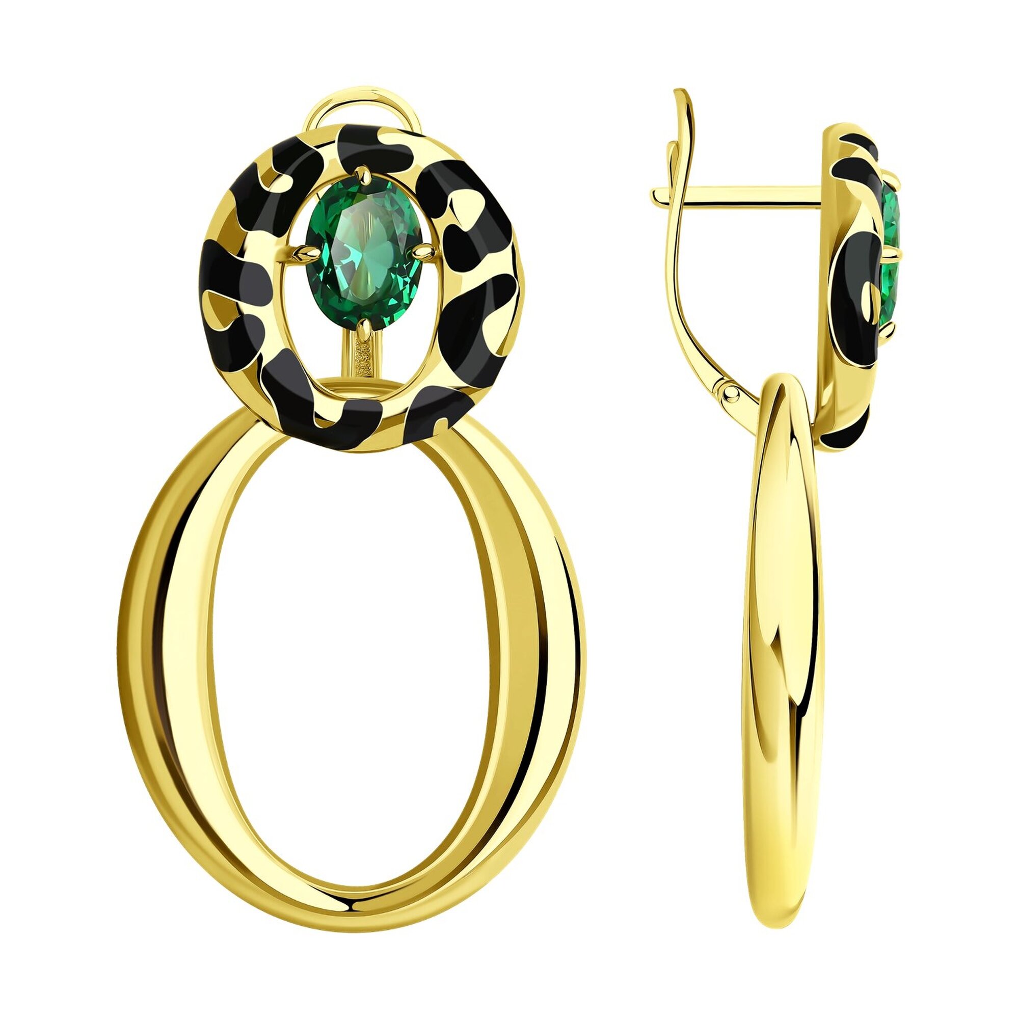 Серьги трансформеры, серебро, 925 проба, золочение, изумруд синтетический, эмаль