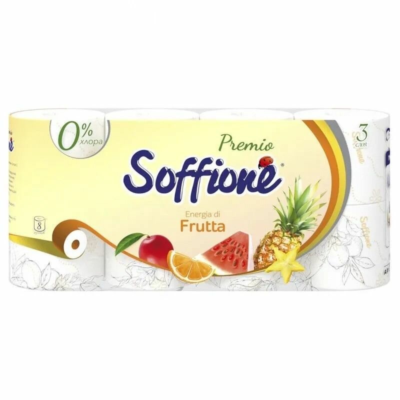Туалетная бумага SOFFIONE Энергия фруктов, премиум, 3 слоя, 8 рулонов